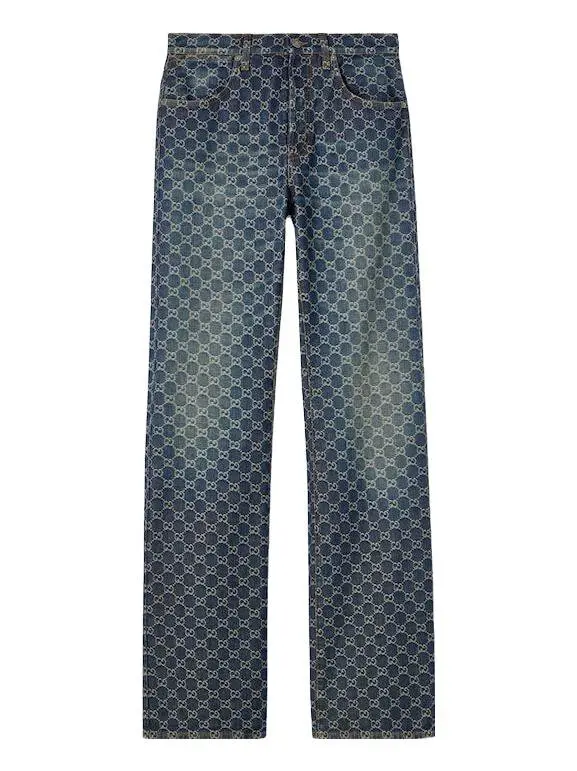 Gucci Gg Cotton Denim Jacquard Pants - Blue