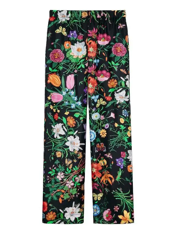 Gucci Printed Silk Twill Wide Leg Pants - Black