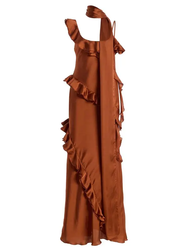 SIEDRES Monica Ruffled Satin Maxi Dress - Brown
