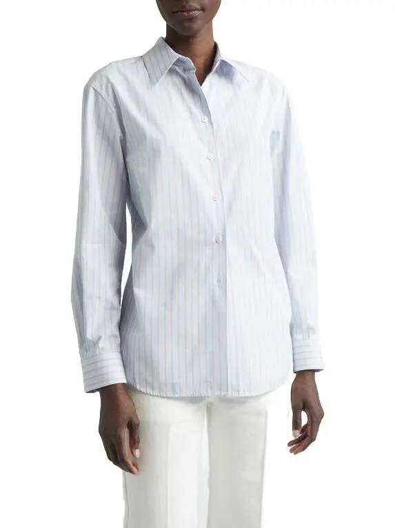 Lafayette 148 New York Aurora Stripe Cotton Tailored Shirt - Glacier Blue Multi