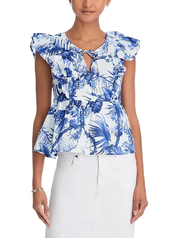 Aqua Floral Flutter Sleeved Top - Blue/white