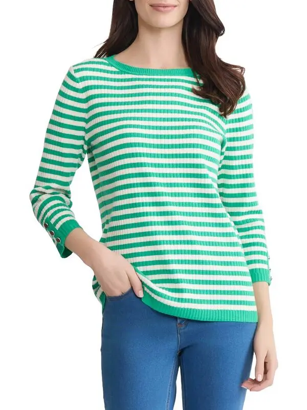 Jones New York Striped Boat Neck Sweater - Kelly/white Sand