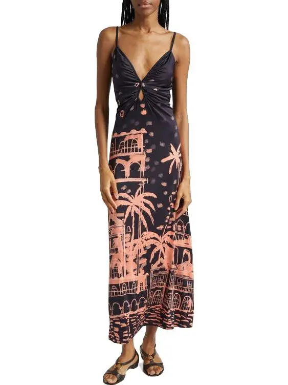 Johanna Ortiz Nuestra Tierra Landscape Print Jersey Dress - Black/peach