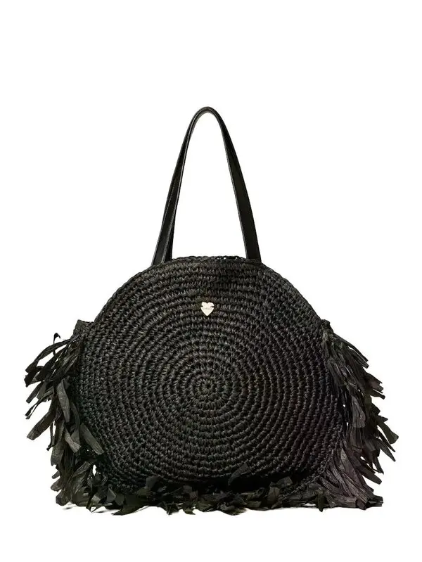 TWINSET Raffia Fringed Tote Bag - Black