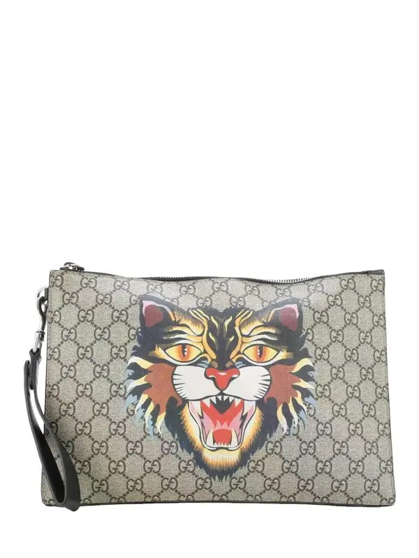 Gucci Zipped Pouch Angry Cat Gg Coated Canvas Large Clutch Bag - Brown
