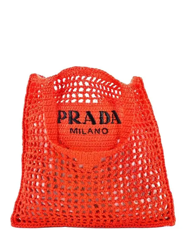 Prada Triangle Logo Open Raffia Tote Bag - Orange