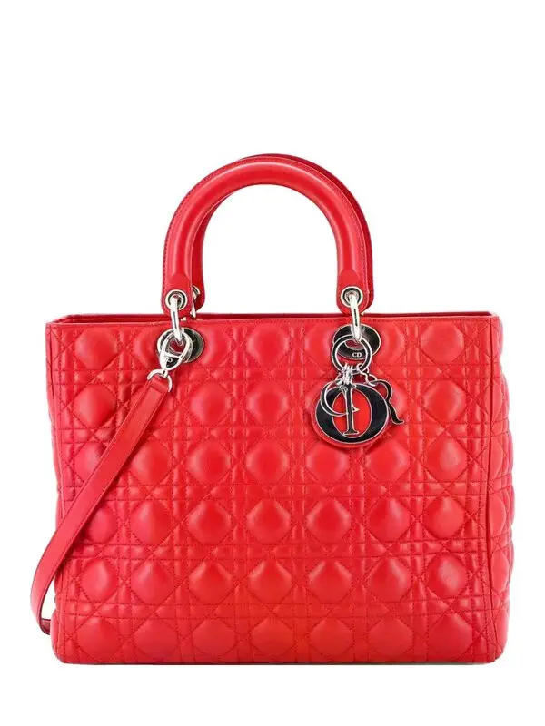 Dior Vintage Lady Bag Cannage Quilt Lambskin Large Satchel - Red