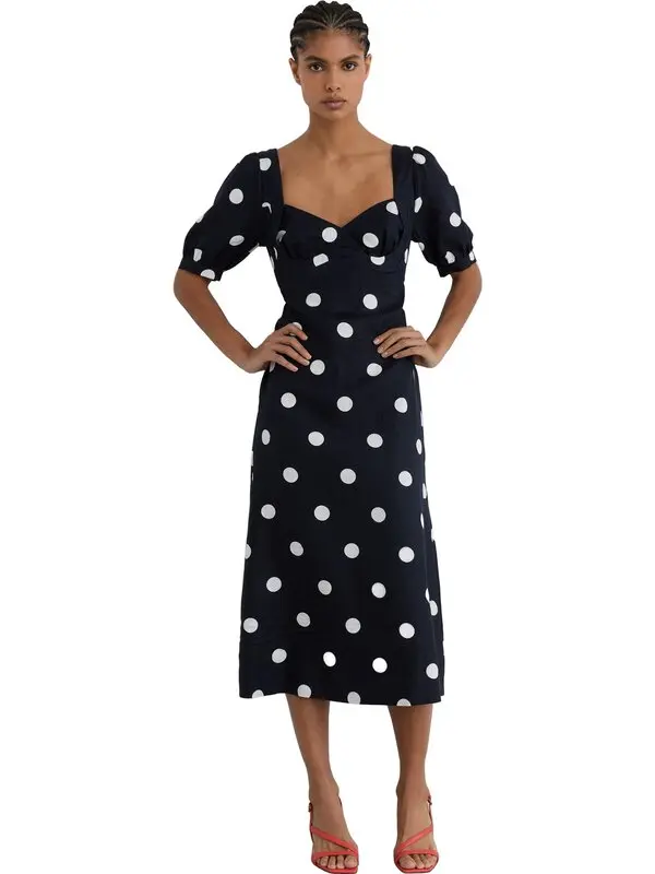 REISS Astrid Linen Polka-dot Midi Dress - Navy/ivory