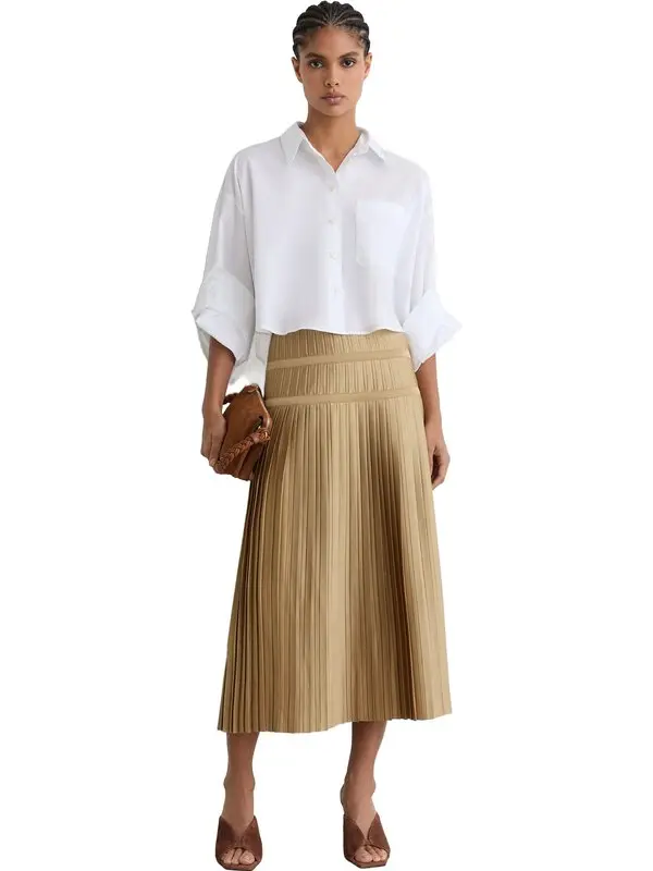 REISS Eva Pleated Midi Skirt - Gold