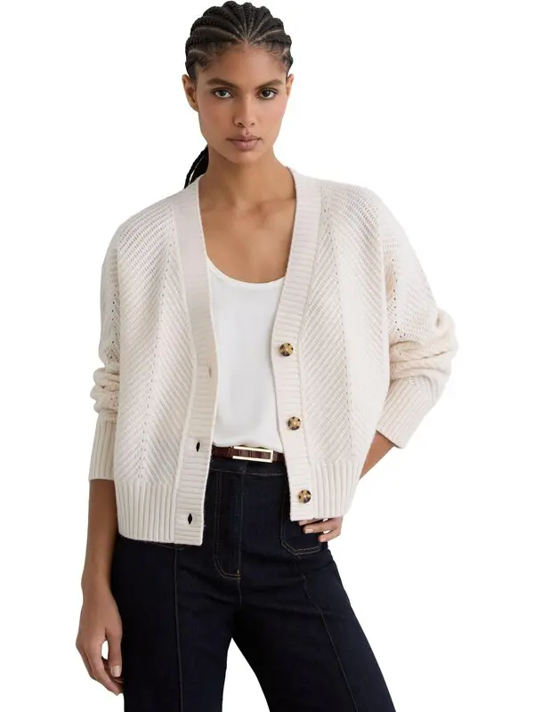 REISS Wool-cashmere Chevron-stitch Cardigan - Ivory