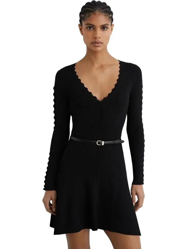 REISS Orla Scallop-trim Knitted Mini Dress - Black