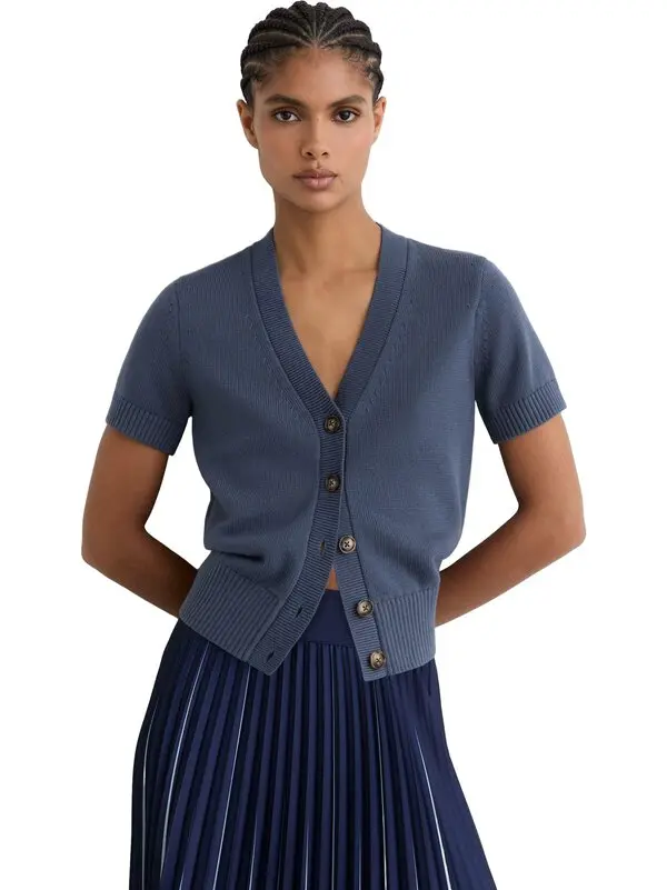 REISS V-neck Short-sleeve Cotton-wool Cardigan - Blue