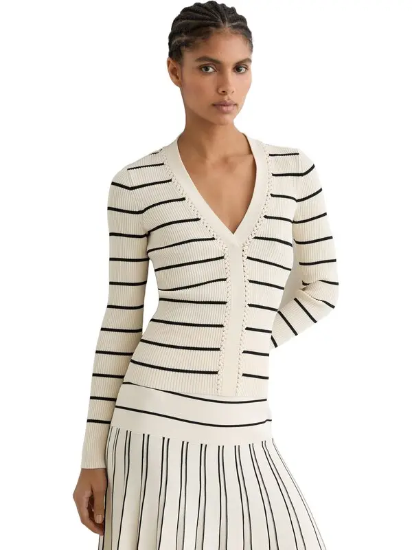 REISS Lauralee Stripe Craft-stitch Rib-knit Top - Ivory/black