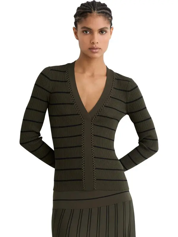 REISS Lauralee Stripe Craft-stitch Rib-knit Top - Khaki Green/black
