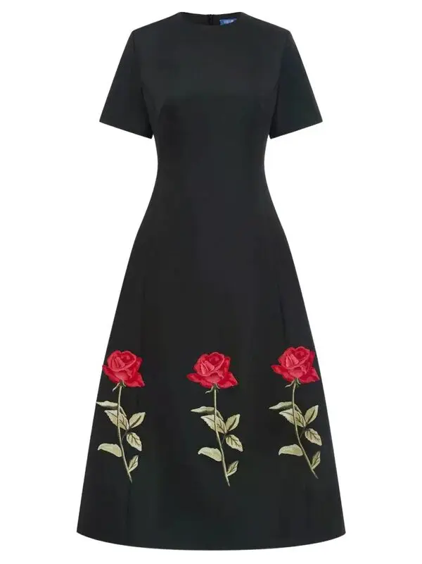 LEO LIN Caroline Rose-embroidered Midi Dress - Black