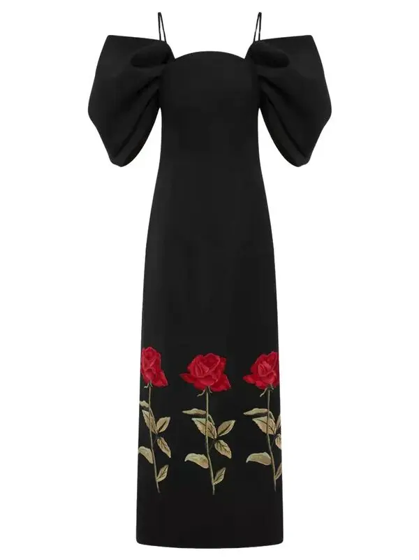 LEO LIN Arabella Puff-sleeve Floral Midi Dress - Black