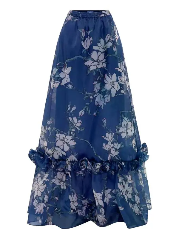 LEO LIN Paige Ruffled Floral Maxi Skirt - Blue