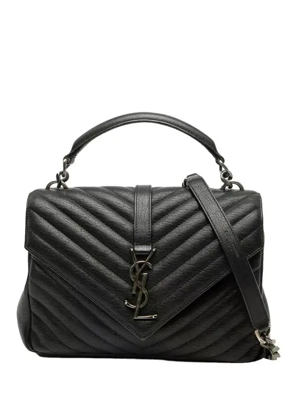 Saint Laurent 2010-2026 Medium Chevron Sheepskin Monogram College Satchel - Black