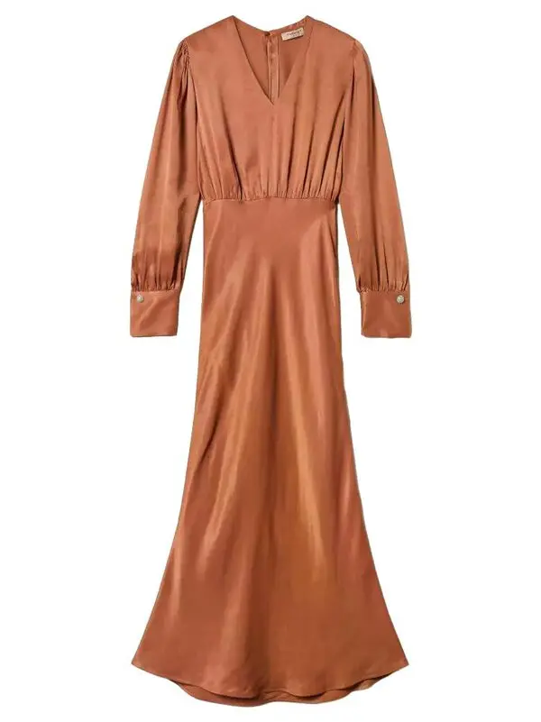 TWINSET Long Sleeve Satin Maxi Dress - Brown