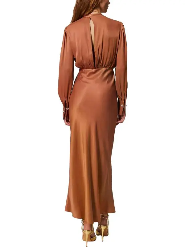 TWINSET Long Sleeve Satin Maxi Dress - Brown