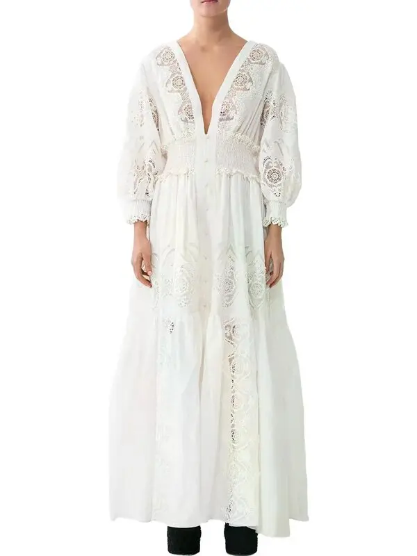 Camilla Shirred Lace Maxi Dress - White