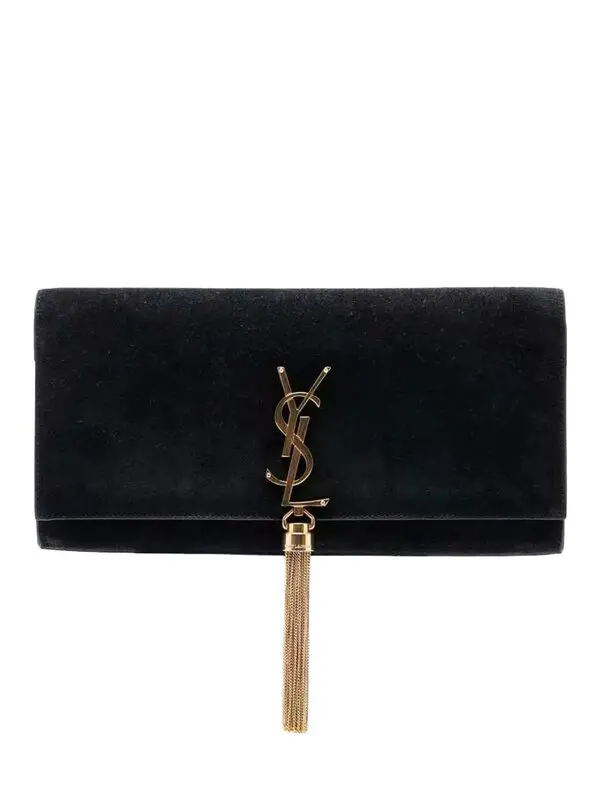 Saint Laurent Suede Monogram Kate Tassel Clutch - Black
