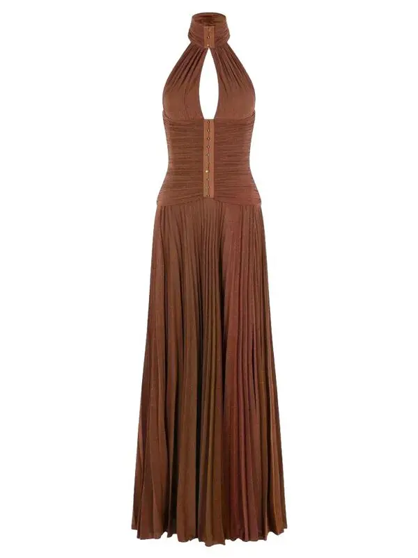 Elisabetta Franchi Pleated Halterneck Maxi Dress - Brown