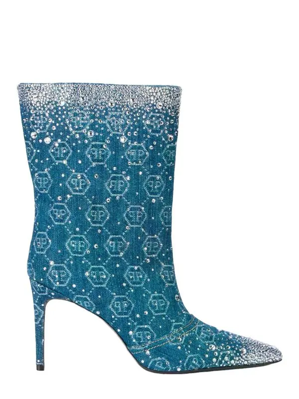 Philipp Plein Monogram Rhinestone Denim Boots - Blue