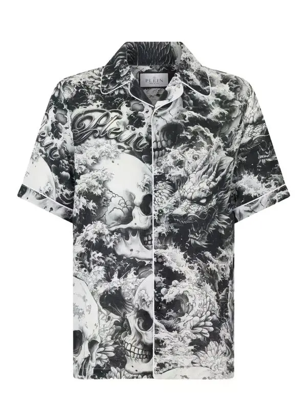 Philipp Plein Skull Dragon Print Bowling Shirt - Black