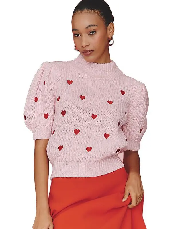 English Factory Puff-sleeve Heart Sweater - Pink