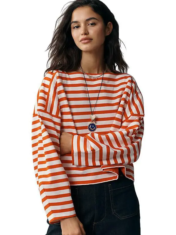 Maeve Pieced Stripe Long-sleeve Shirt Top - Vanilla X Orange