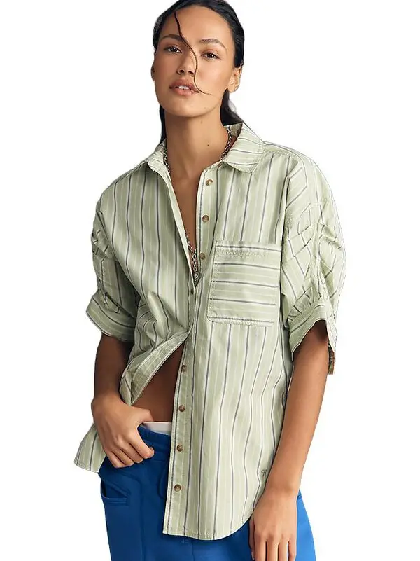 PILCRO Ruched Sleeve Buttondown Shirt - Green Stripe