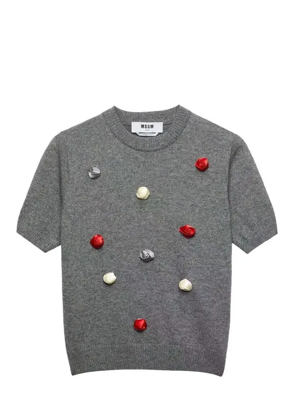 MSGM Rose-appliqué Crew-neck Knitted Top - Grey
