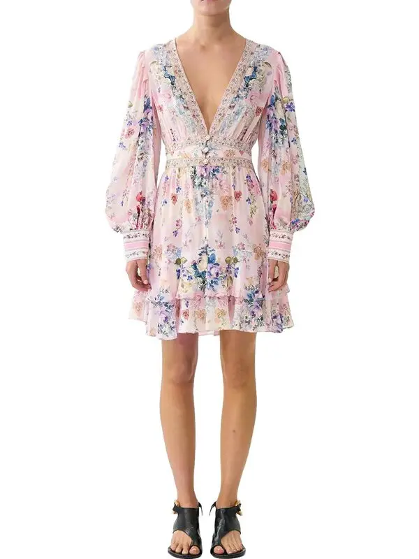 Camilla Button Frill Floral Midi Dress - Pink