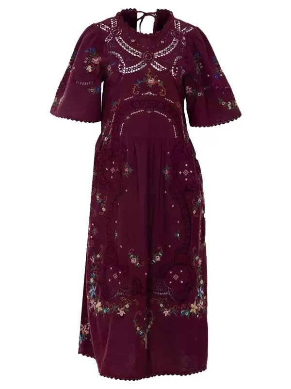 Sea Crew-neck Embroidered Midi Dress - Purple