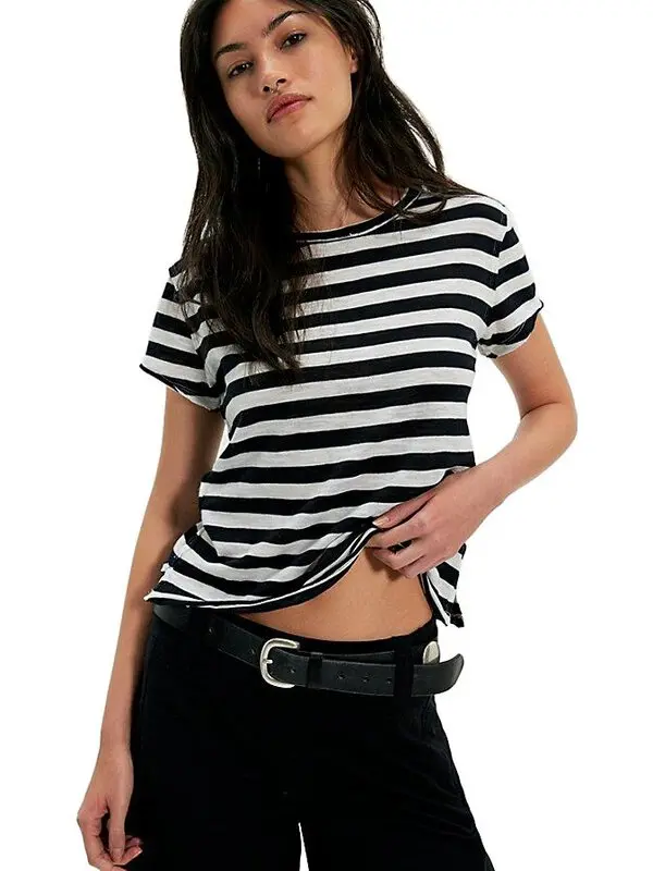 Free People We The Free Nora Striped Cotton Tee - Black And White Combo