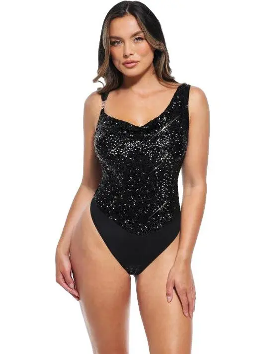POPILUSH Sequin Cowl Neck Chain Detail Sculpting Bodysuit - Classic Black