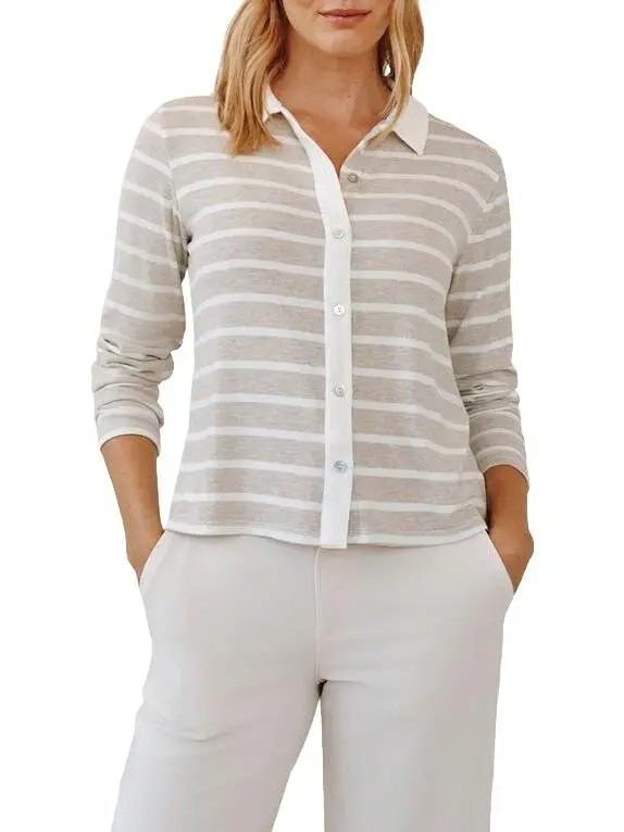 Bella Dahl Stripe Contrast Placket Knit Button-up Shirt - Sand Stripe