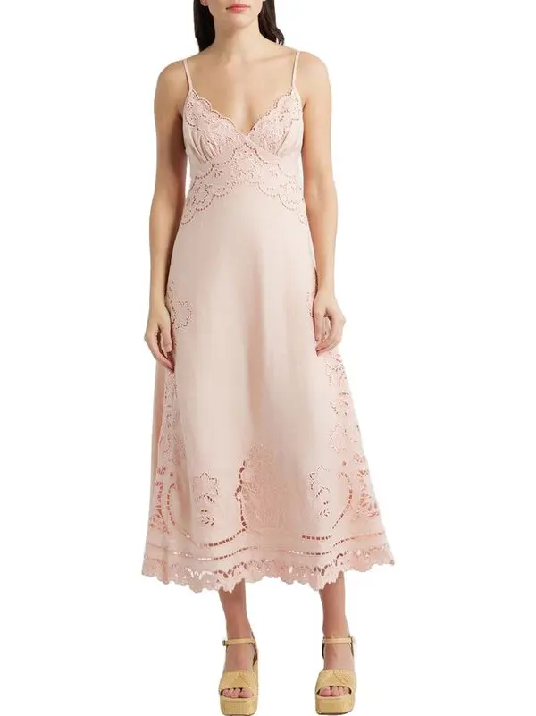 Farm Rio Richelieu Floral Embroidery Linen Slip Dress - Light Pink