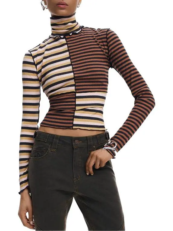 Desigual Colorblock Stripe Rib Turtleneck Top - Brown