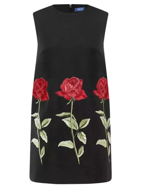 LEO LIN Rose-embroidered Mini Dress - Black