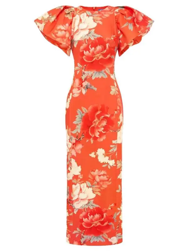LEO LIN Lucinda Floral Puffed-sleeves Midi Dress - Orange