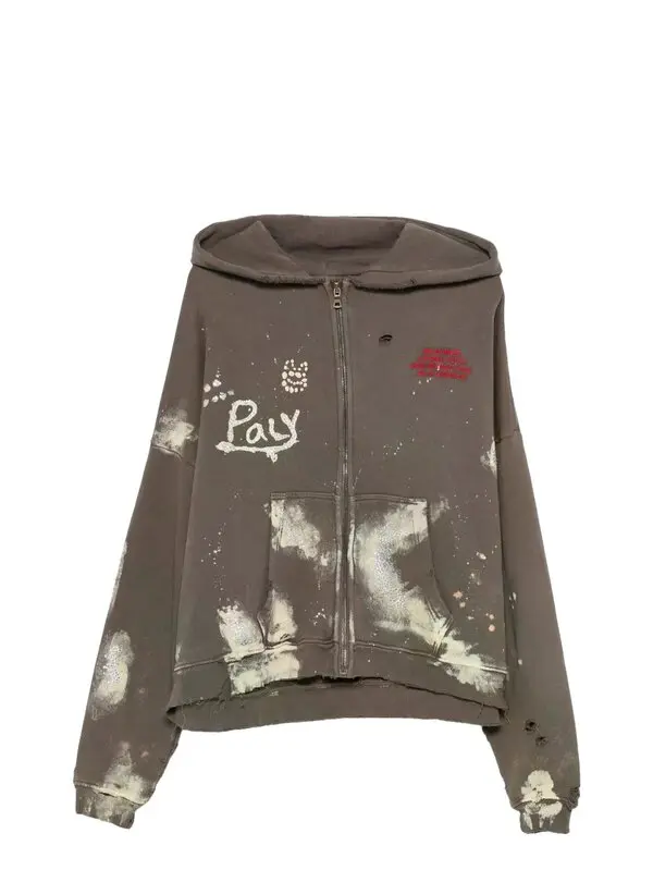 PALY HOLLYWOOD Distressed Zip Hooded Sweatshirt - Brown