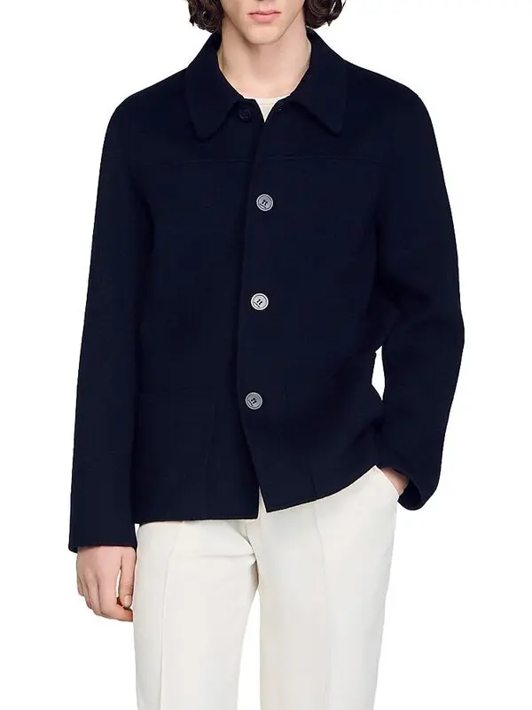 Sandro Worker Double Wool Blend Jacket - Navy Blue