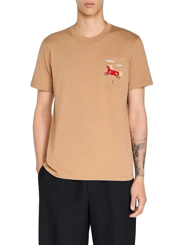 Sandro Embroidered Horse Cotton Tee - Beige