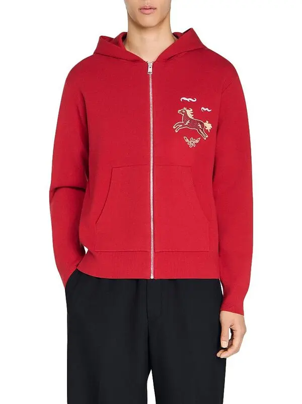 Sandro Horse Print Zip Up Hoodie - Red