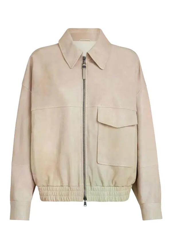 Brunello Cucinelli Leather Jacket With Monili Detail - Neutrals