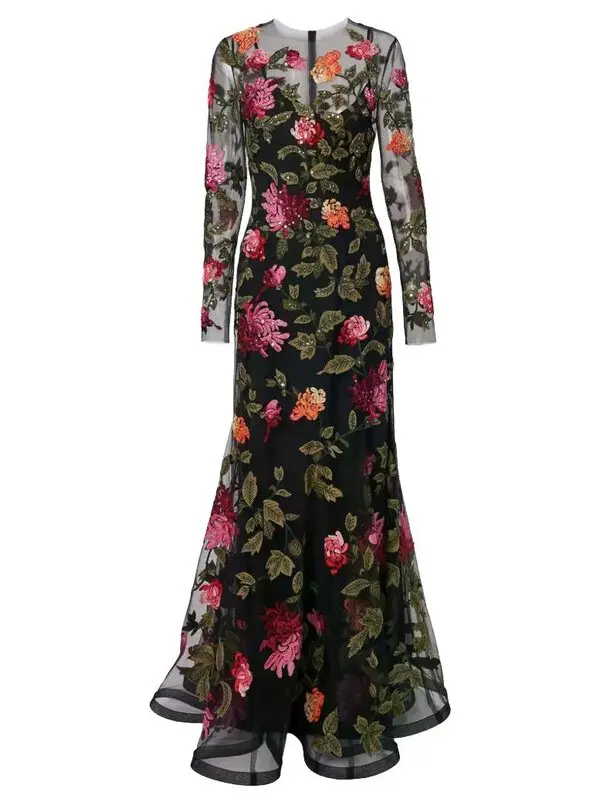 Carolina Herrera Floral-embroidered Maxi Dress - Black