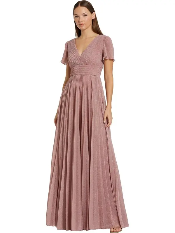 Mac Duggal Pleated Metallic A-line Gown With Flutter Sleeves - Dusty Rose