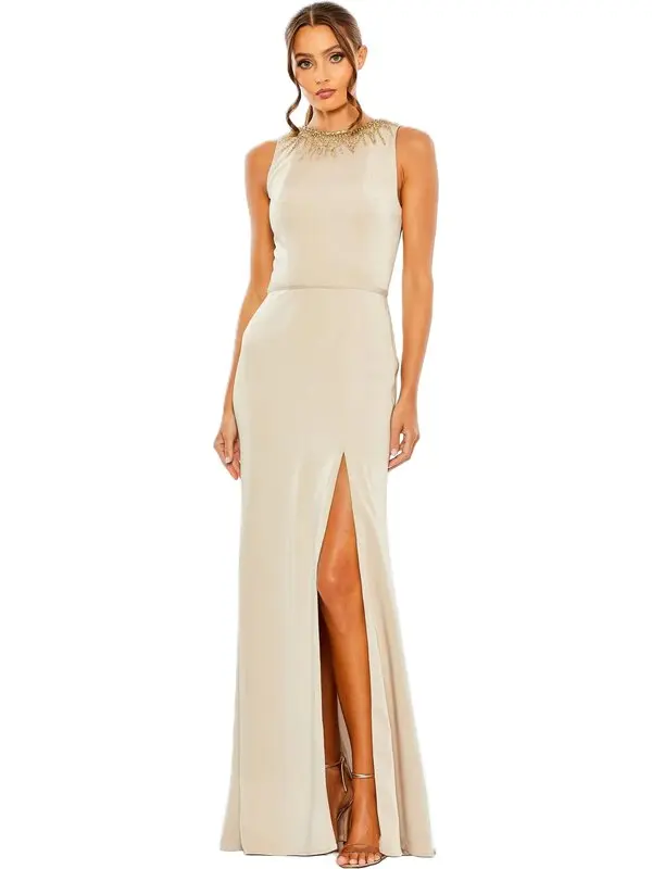Mac Duggal High-neck Rhinestone Column Gown With Slit - Champagne